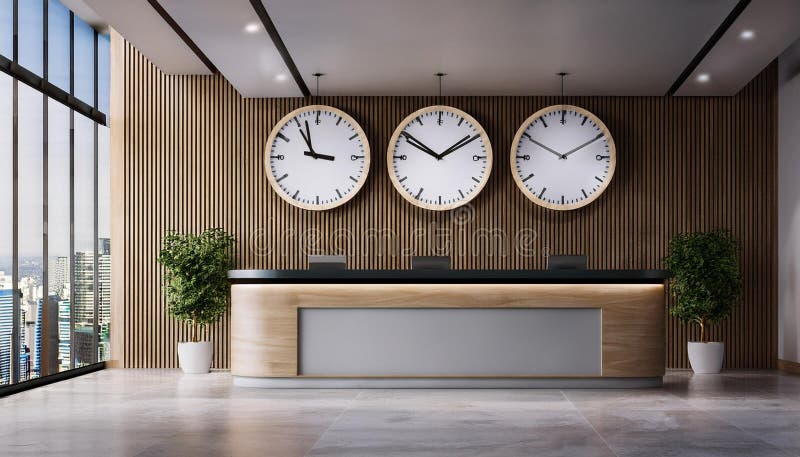 Modern Reception Area with Clocks Displaying Different Time Zones. 3D ...