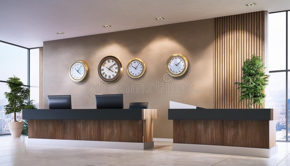 Modern Reception Area with Clocks Displaying Different Time Zones. 3D ...