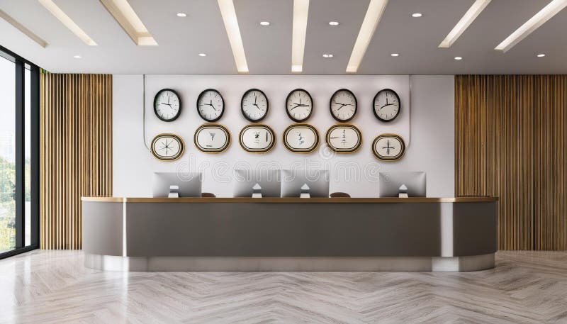 Modern Reception Area with Clocks Displaying Different Time Zones. 3D ...