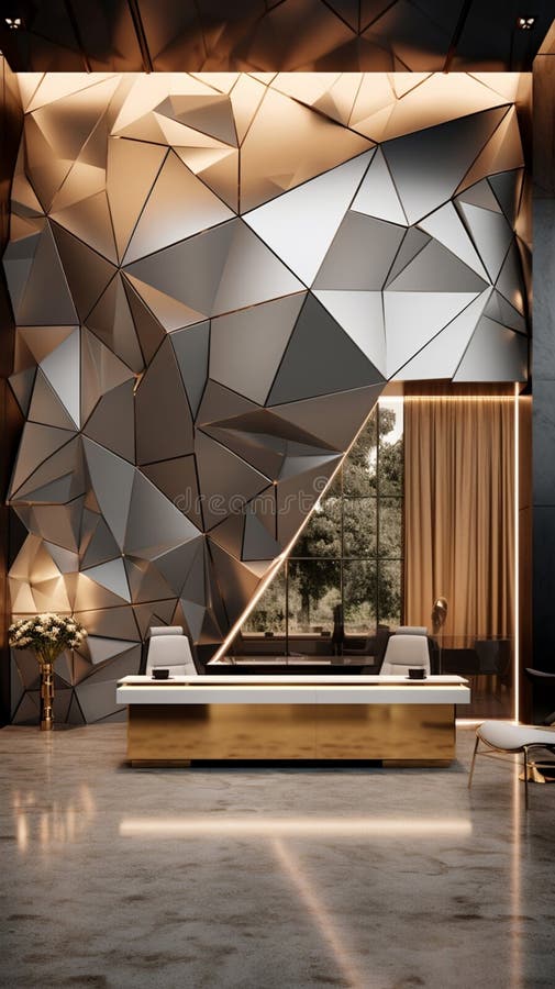 A Modern Reception Area with a 3D Geometric Mirror Wall Pattern, Stock ...