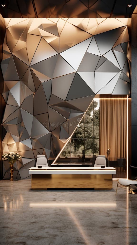 A Modern Reception Area with a 3D Geometric Mirror Wall Pattern, Stock ...