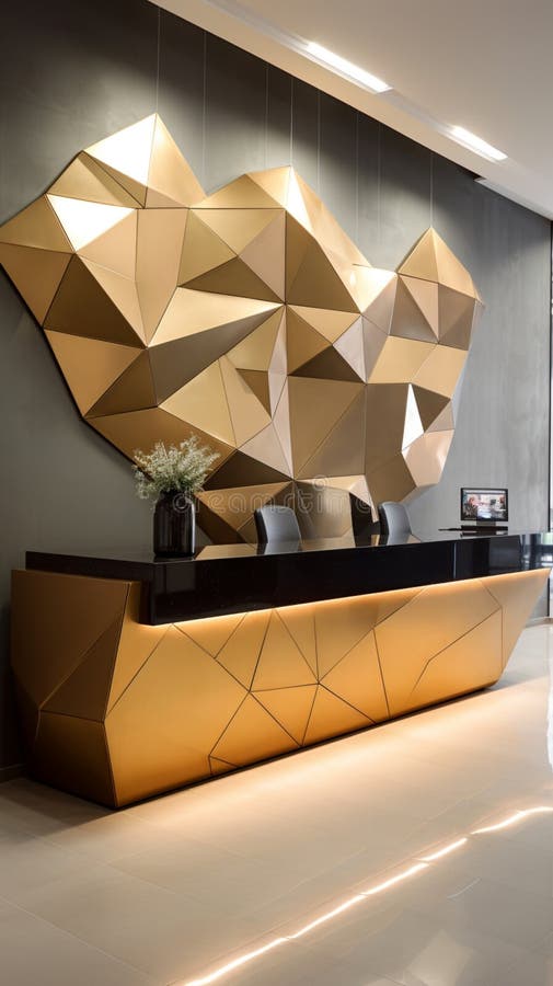 A Modern Reception Area with a 3D Geometric Mirror Wall Pattern, Stock ...