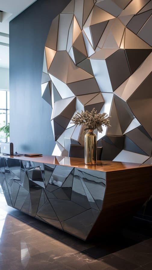 A Modern Reception Area with a 3D Geometric Mirror Wall Pattern Stock ...