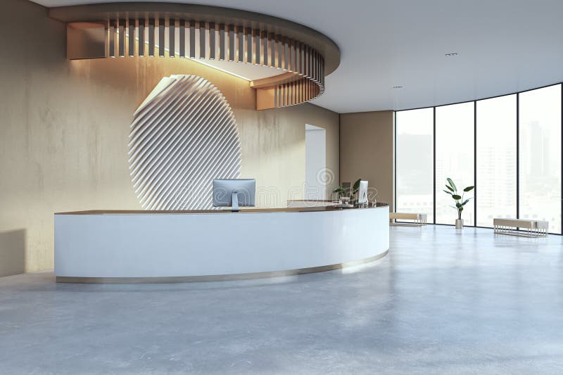 A Modern Reception Area with Decorative Wall, Curved Desk, City View ...
