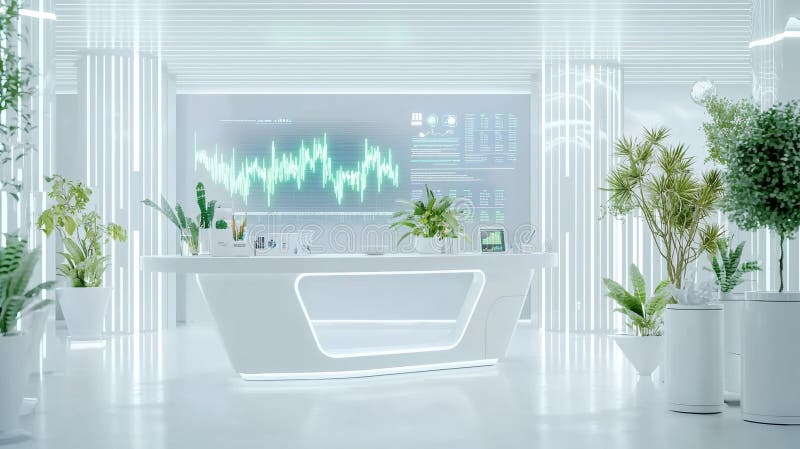 Innovative White Reception Area Featuring Lush Plants and a Large ...