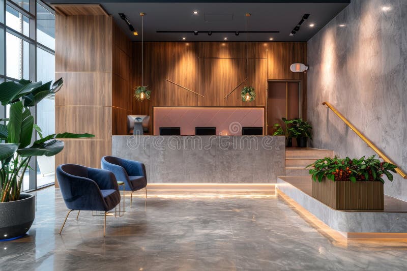 Modern Reception Area with Elegant Decor, Plants, and Comfortable ...