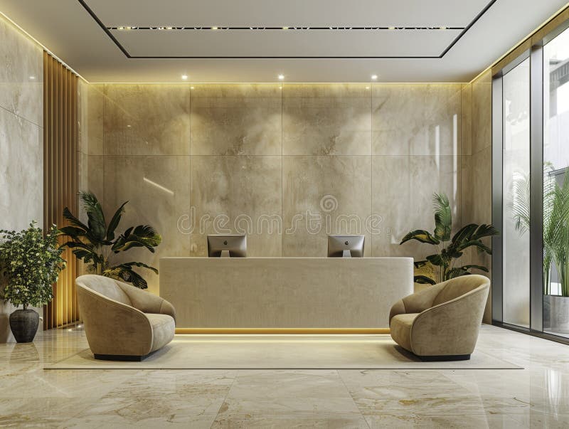 Modern Reception Area with Elegant Design Soft Lighting and Comfortable ...