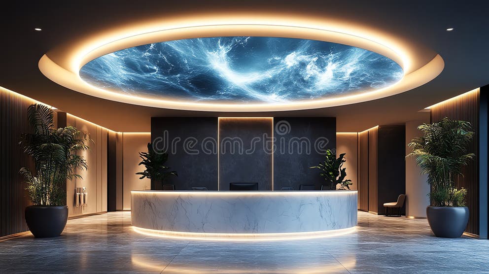 Modern Reception Area with Elegant Lighting and a Stunning Ceiling ...