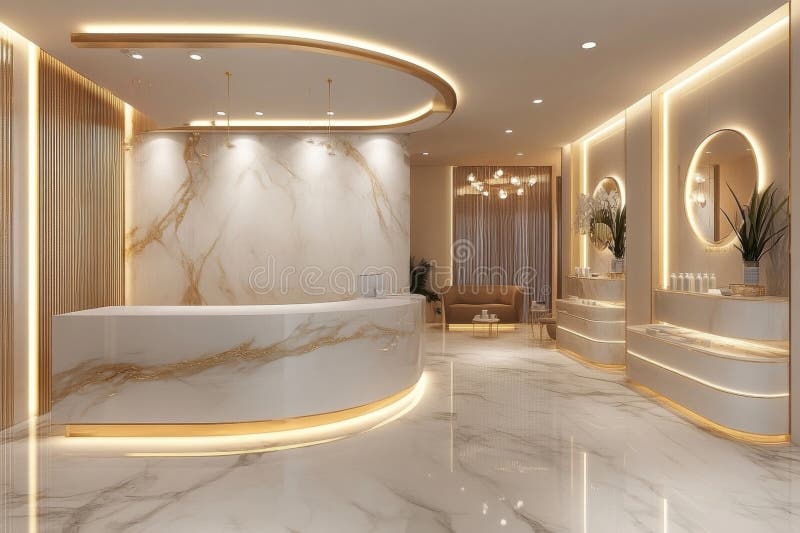 Modern Reception Area with Elegant Marble Design and Warm Lighting in a ...