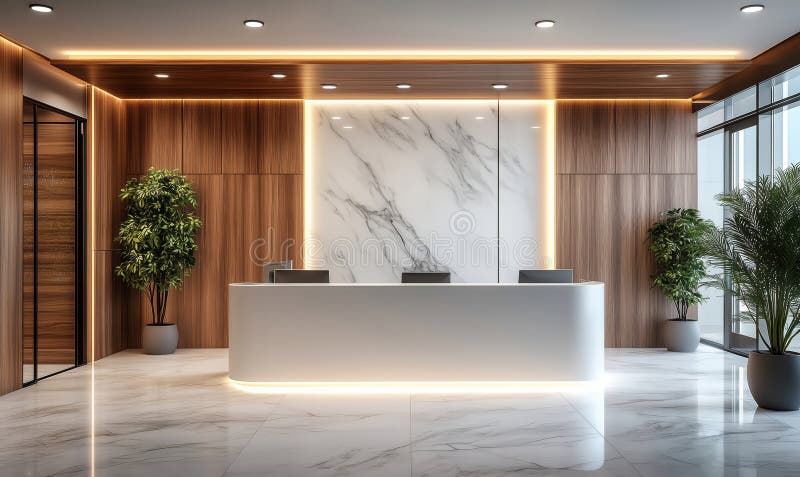 Modern Reception Area with Elegant Marble and Wood Design Featuring ...