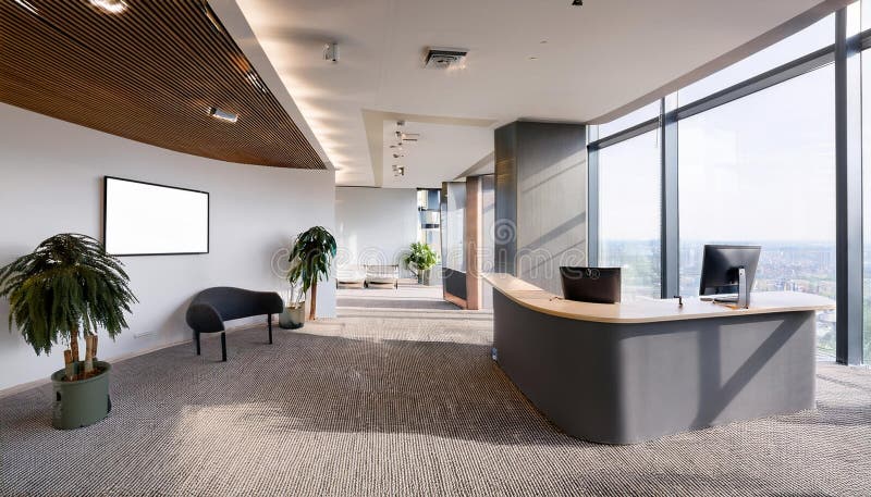 Modern Reception Area with Empty Desk, Computers, and Blank Wall Poster ...