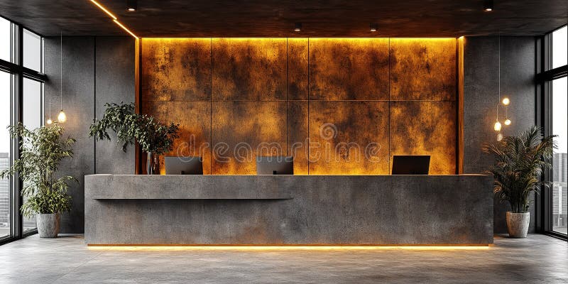 Modern Reception Area Featuring a Stylish Concrete Desk and Illuminated ...