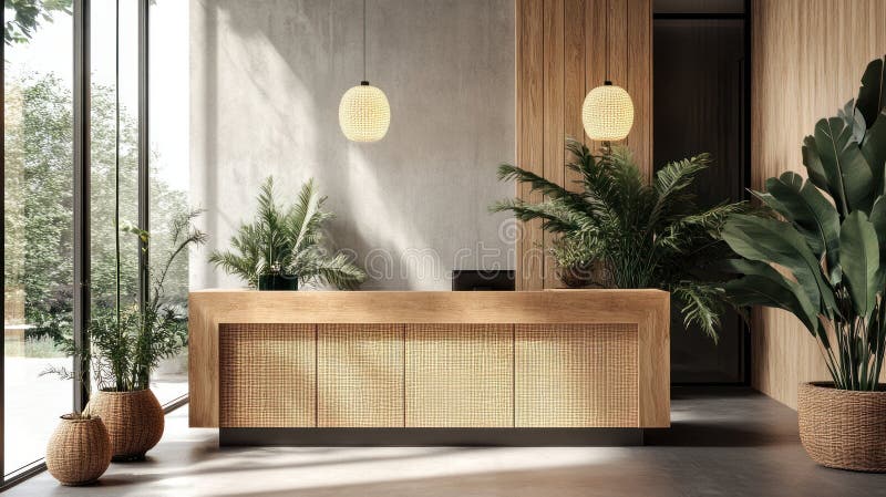 Serene Japandi Style Hotel Lobby and Reception Desk Stock Illustration ...