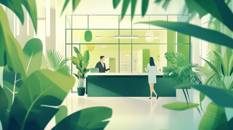 Modern Reception Area with Greenery and Welcoming Atmosphere Stock ...
