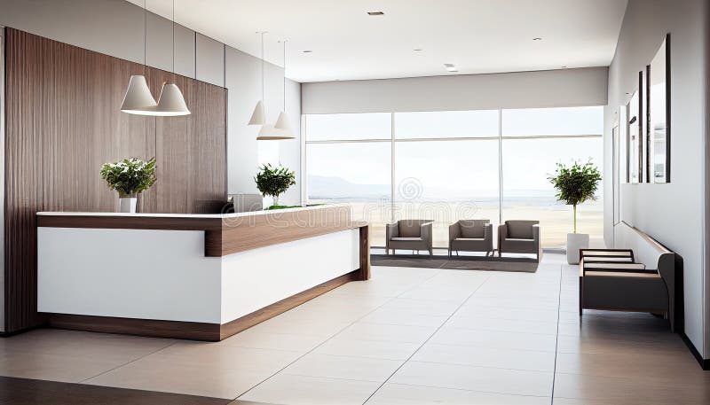 Modern reception area stock illustration. Illustration of table - 276877054