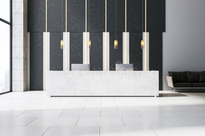 Modern Reception Area with a Long Counter and Two Computers. 3D ...