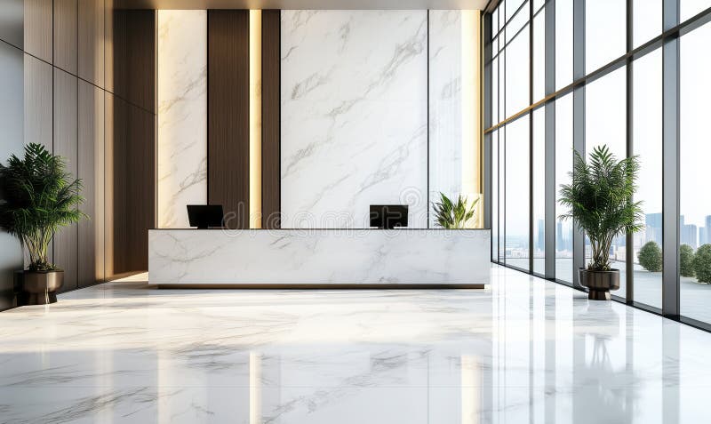 Modern Reception Area with Marble Design and Large Windows Overlooking ...