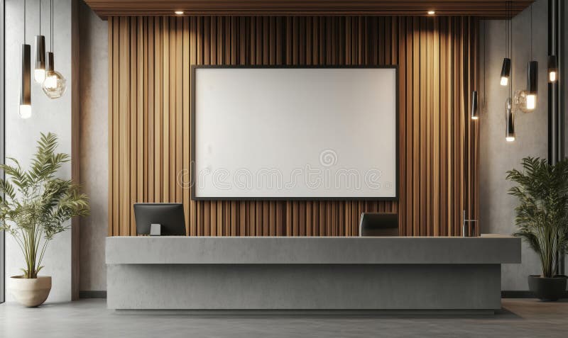 Modern Reception Area with Minimalist Design and Large Blank Screen for ...