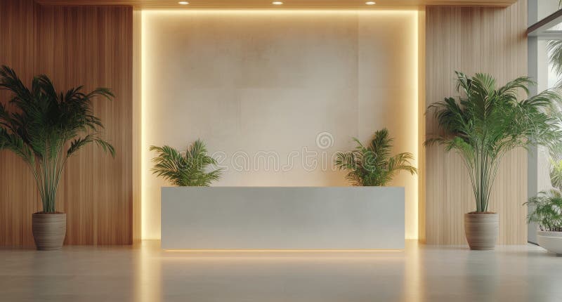 Modern Reception Area with Minimalistic Design and Lush Greenery in ...
