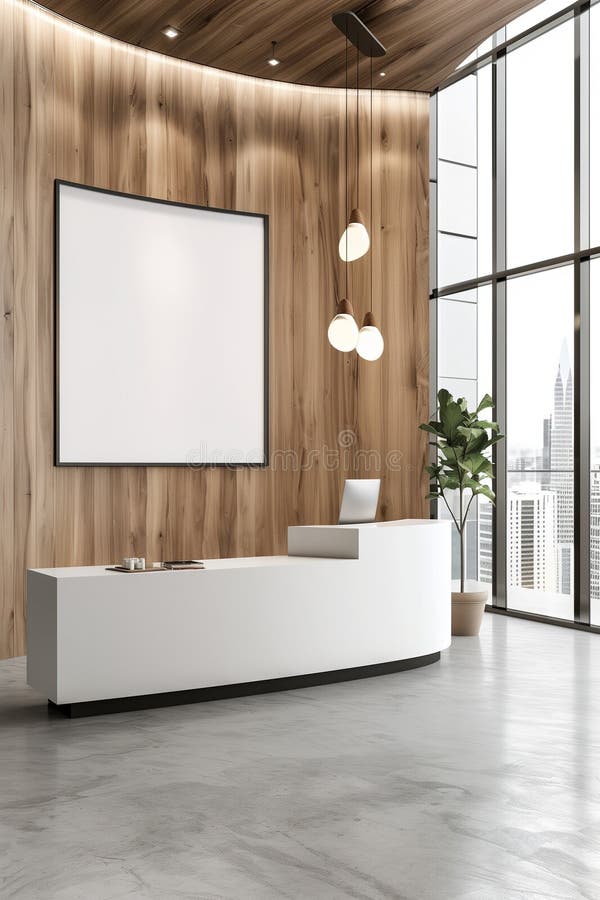 Modern Reception Area Mockup Featuring a Blank Poster Frame and City ...
