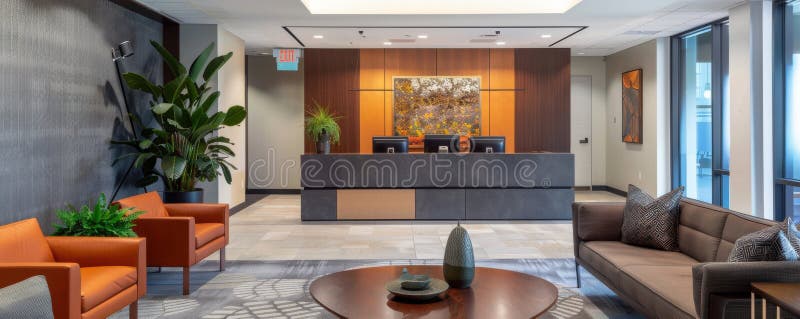 Modern Reception Area with Orange Chairs, a Desk, and Plants Stock ...