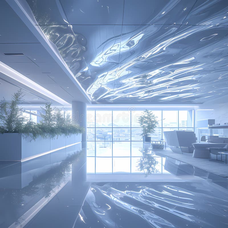 Modern Reception Area with Reflective Ceiling and Ripple Effect Stock ...