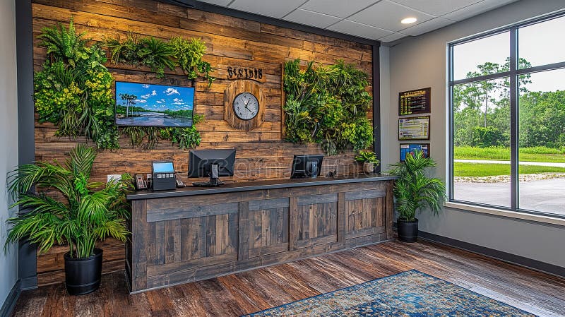 Modern Reception Area with a Rustic Wood Panel Wall, Lush Greenery, and ...