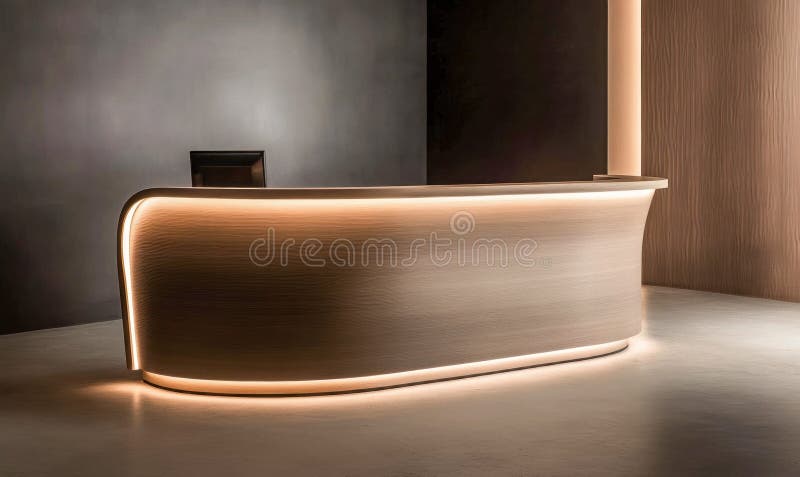 Modern Reception Area Showcases a Curved, Illuminated Desk, Creating an ...