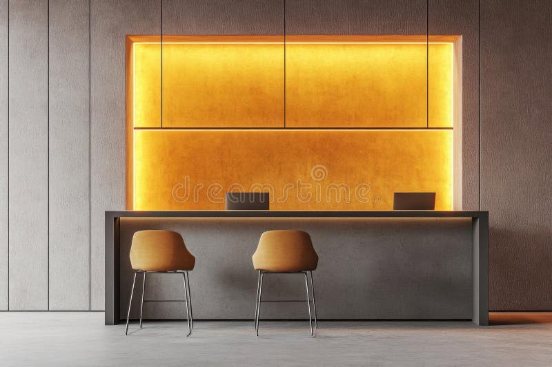 Modern Reception Area Shows Illuminated Panel and Bar Stools with ...