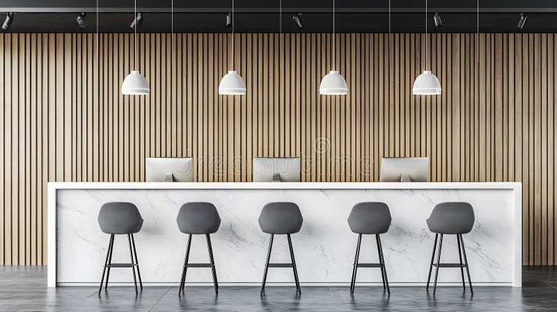 Modern Reception Area with Sleek Counter and Stools Stock Illustration ...
