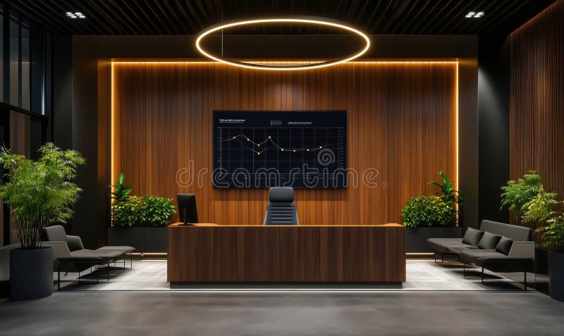 Modern Reception Area with Sleek Design and Data Visualization on Wall ...