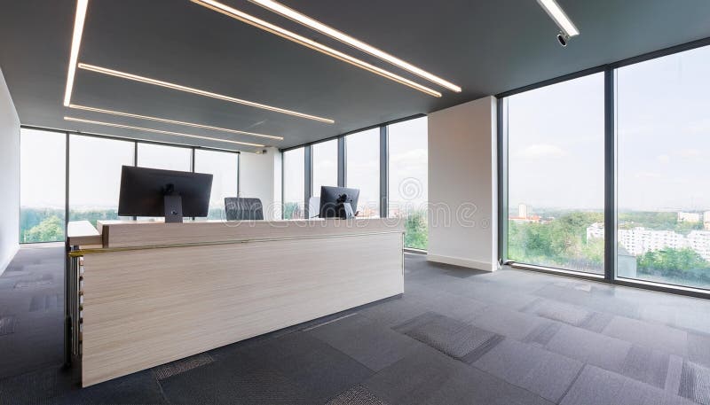 Modern Reception Area with Sleek Design, Minimalistic Desk, Two ...
