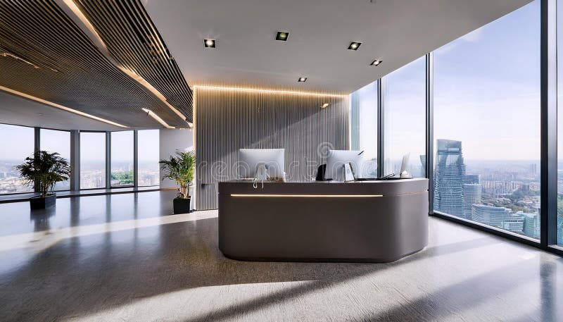 Modern Reception Area with Sleek Design, Minimalistic Desk, Two ...