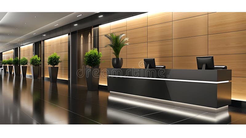 Modern Reception Area with a Sleek Desk and Decorative Plants Stock ...