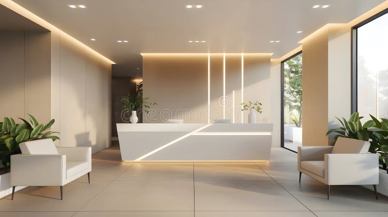 Modern Minimalist Reception Area with White Reception Desk and Seating ...