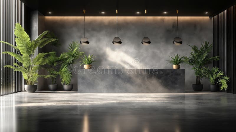 A Modern Reception Area with Stylish Lighting, Plants, and a Sleek Gray ...