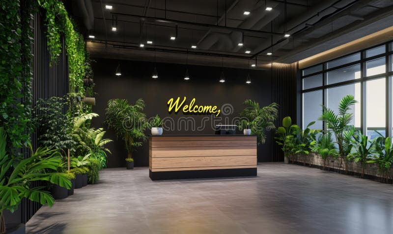 Modern Reception Area with Welcoming Design and Lush Greenery Stock ...
