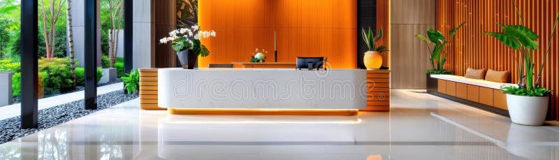 Modern Reception Area with White Desk, Orange Backdrop, and Greenery ...
