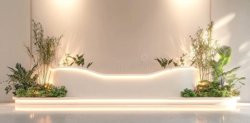 Modern Reception Area with White Desk and Subtle Lighting Design Stock Illustration ...