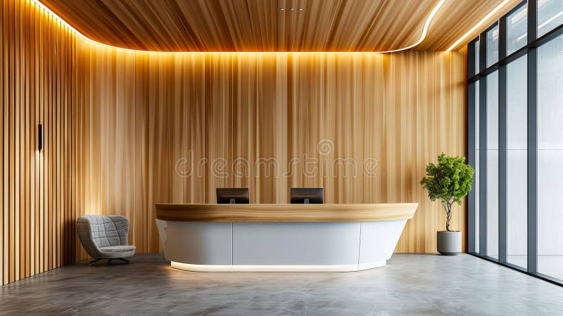 A Modern Reception Area with Wood Paneling Stock Image - Image of ...