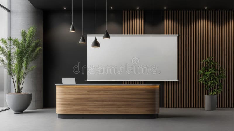Modern Reception Area with Wooden Counter, Projection Screen, and ...