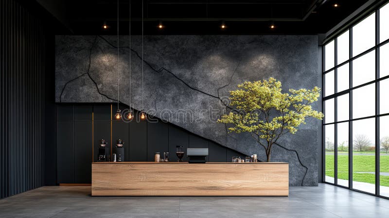 Modern Reception Area with Wooden Counter and Tree Mural Bright Natural ...