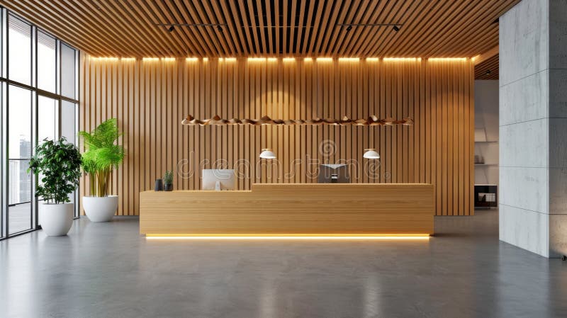 Modern Reception Area with Wooden Design Elements and Plants in ...