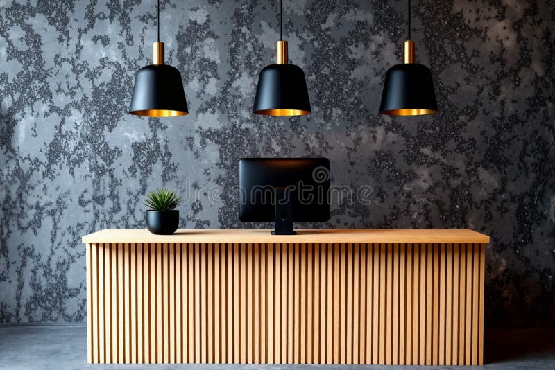 Modern Reception Desk Computer Hanging Lamps Office Lobby Stock Photos ...