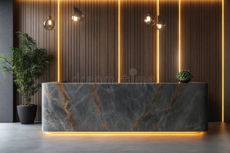 A Modern Reception Desk with Computers, a Wood Paneled Interior, a ...