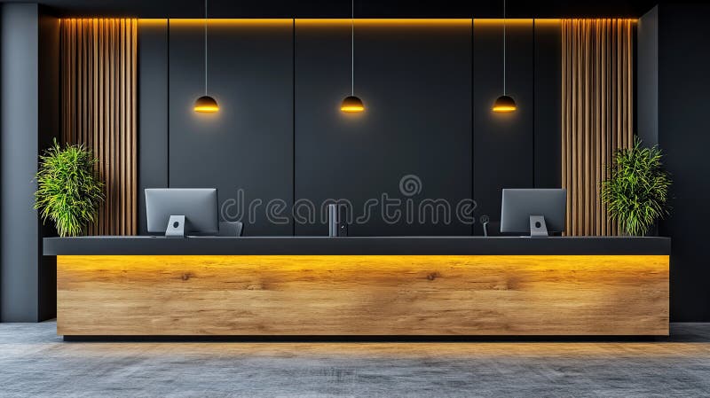 Modern Reception Desk in a Dark, Stylish Office Lobby with Warm ...