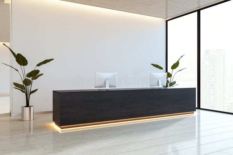 Modern Reception Desk in an Elegant Corporate Interior with Plants ...