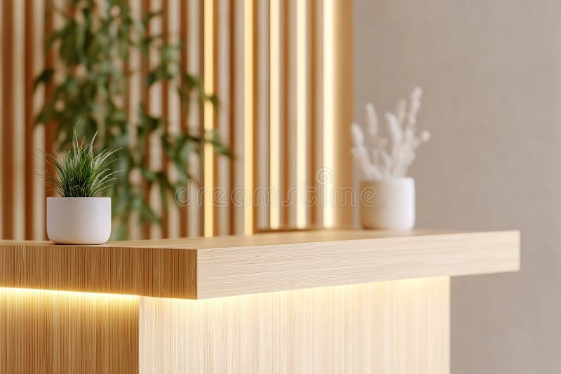 This Modern Reception Desk Features Bamboo Panels and Soft Warm ...