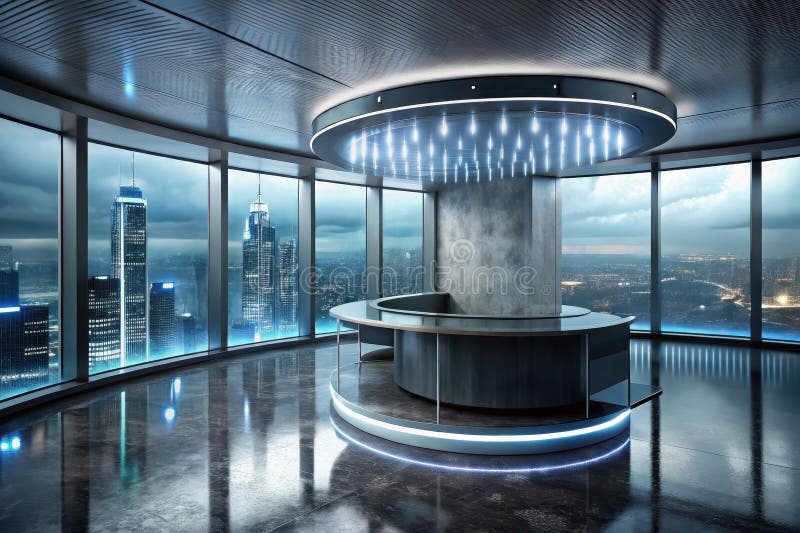 Modern Reception Desk in Futuristic Skyscraper with City Panorama at ...