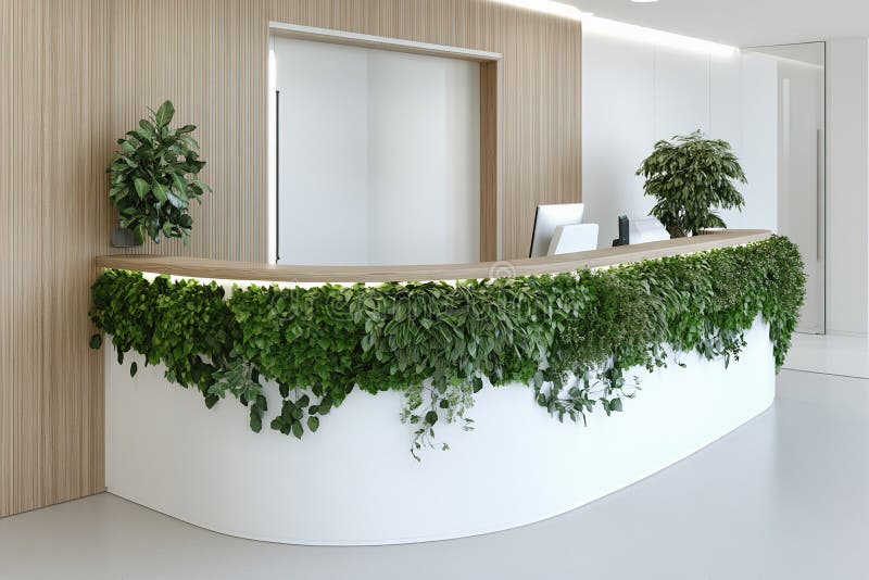 Modern Reception Desk with Greenery in Minimalist Office Interior Stock ...